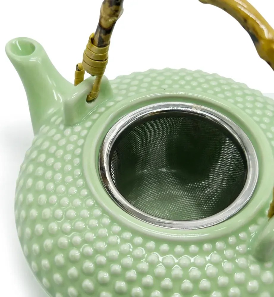Porcelánová čajová souprava Tanaka pro 4, 600 ml – jadeitově zelená s reliéfem