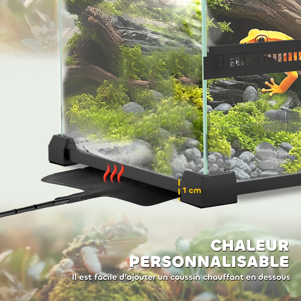 PawHut Skleněný terárium pro plazy Vivarium 12 L Box pro plazy S chladící síťovinou, pro žáby, hady, želvy, 20 x 30 cm, Černé