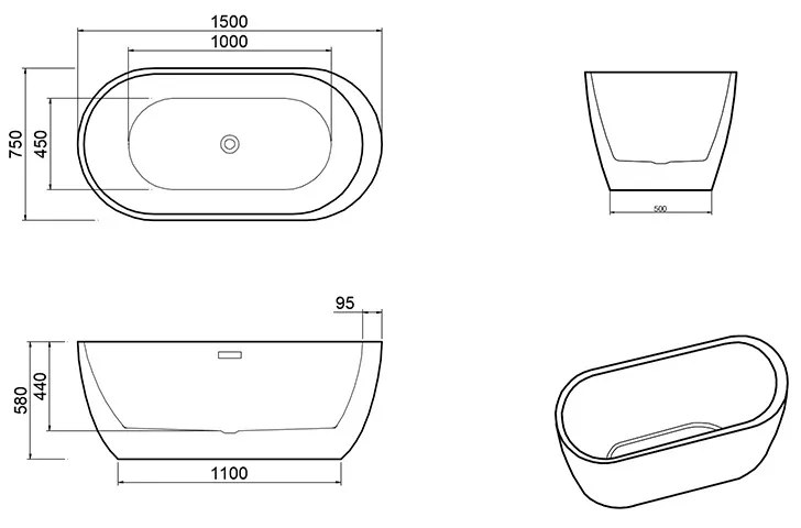 BPS-koupelny Volně stojící akrylátová vana HYD-POR503A 150x75 bílá/černá, odtokový komplet chrom