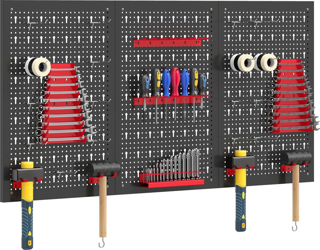 HOMCOM nástěnný úložný pegboard 3×60 × 40 cm, 28dílný držák nářadí s háčky a přihrádkami, černá/červená | Aosom