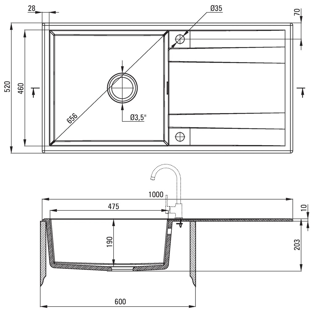 Deante Eridan, granitový dřez na desku 1000x520x203 mm Z/O, 3,5" + prostorově úsporný sifon, 1-komorový, grafitová metalíza, ZQE_G713