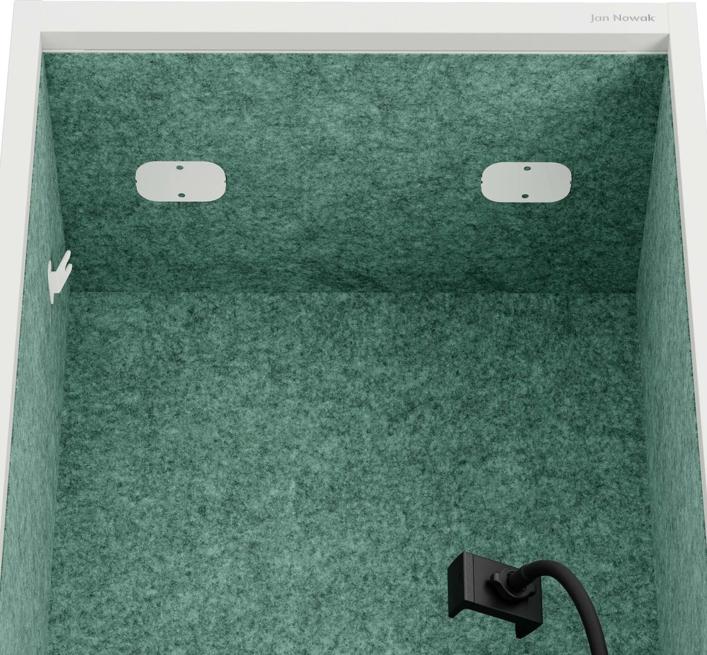 Kancelářská akustická kabina se sedátkem a USB-C portem, korpus bílý / sedák zelený, 600 mm: SALLY MentalBox
