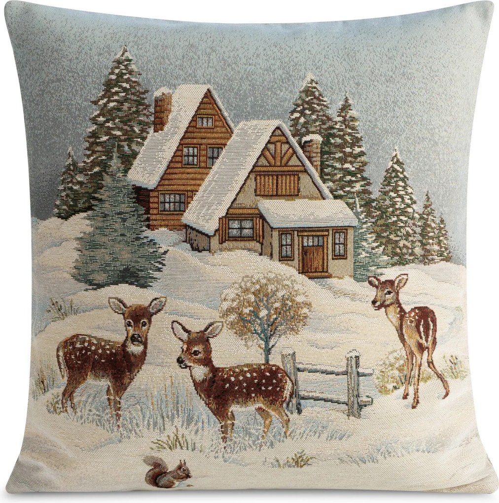 VÁNOČNÍ GOBELÍNOVÝ DEKORAČNÍ POVLAK NA POLŠTÁŘ SNOWY WISHES 45X45 CM VZOROVANÝ