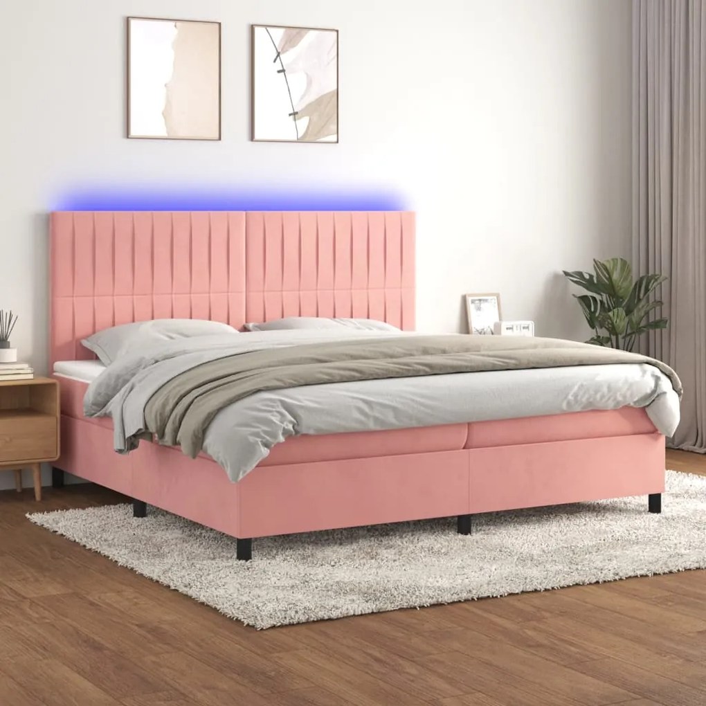 Box spring postel s matrací a LED růžová 200x200 cm samet 3136268