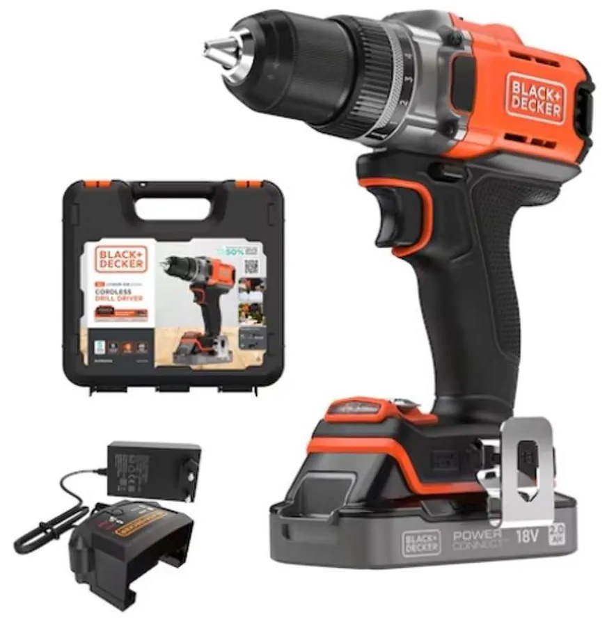 BLACK+DECKER Nářadí - 18V AKU vrtací šroubovák, 1x aku 2,0 Ah Li-Ion, nabíječka BCD382D1XK-QW