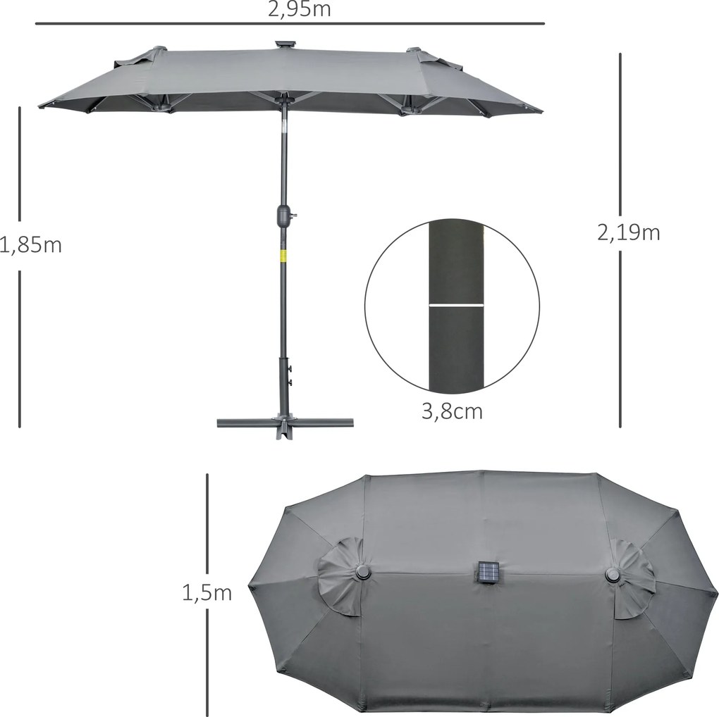 Outsunny Dvojitý slunečník 295x150x219 cm s LED solárními světly, nastavitelné sklopení a manuální klička pro terasu, bazén a pláž, šedý