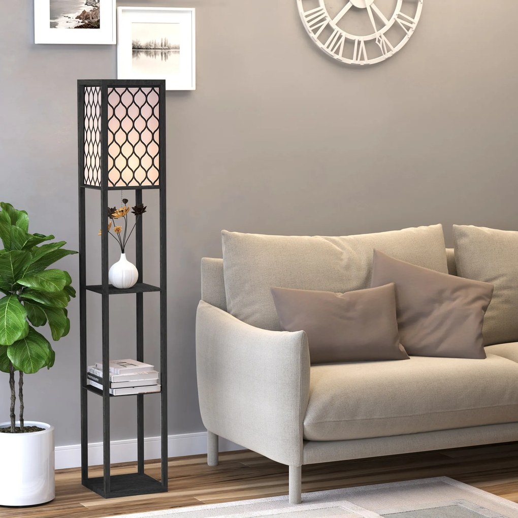 HOMCOM Stojací lampa s policemi Stojací lampa, interiérové osvětlení, E27, do 40W, do obývacího pokoje/ložnice, dřevo, černá, 26x26x160 cm