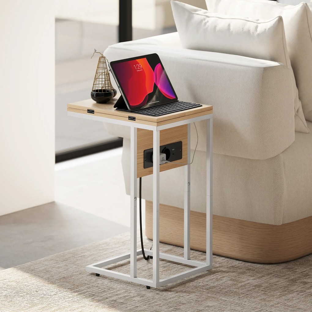 HOMCOM Skládací příruční stolek, nabíjecí stanice s USB porty, kov, 39 x 29 x 57 cm, barva dřeva