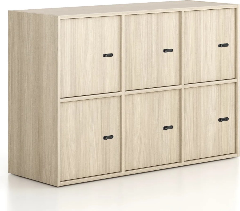 Kancelářská skříň FRAME, nízká, 6x dveře, 1299 x 450 x 881 mm, mechanický kódový zámek, dub přírodní