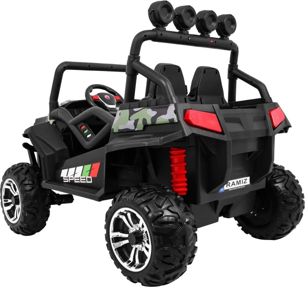 Ramiz Terénní bugina pro děti maskáčová + pohon 4x4 + dálkové ovládání + nosič zavazadel + rádio MP3 + LED