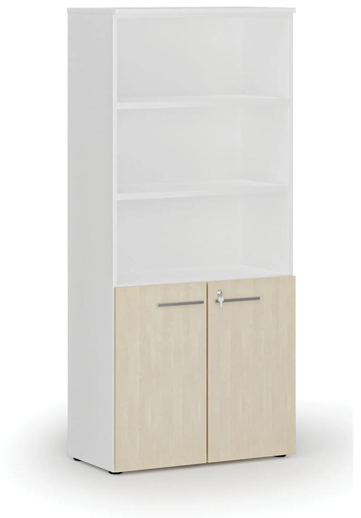 Kombinovaná kancelářská skříň PRIMO WHITE, dveře na 2 patra, 1781 x 800 x 420 mm, bílá/ořech