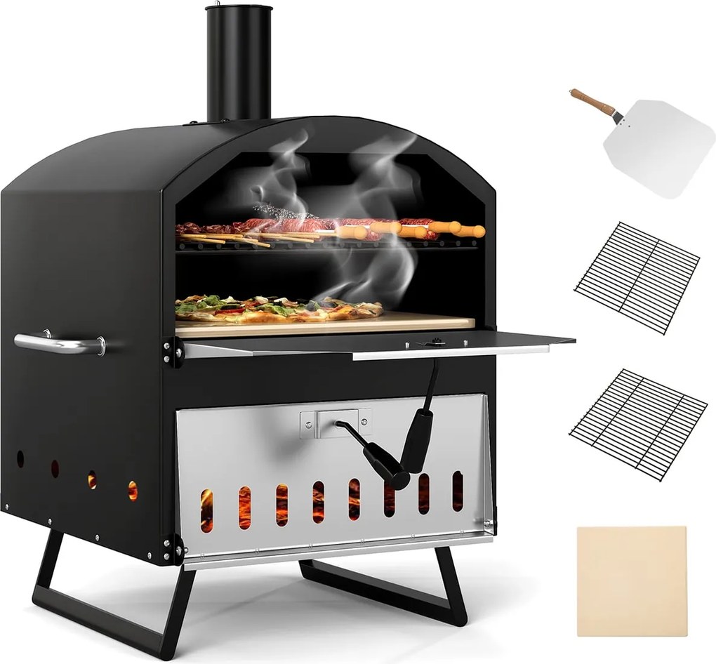 Costway Venkovní 40 cm Dřevěná trouba Pizza Trouba 2 Vrstvy Pizza Maker