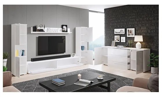 Souprava nábytku do obývacího pokoje Bamisio II, Barva: bílá + šedý lesk, Osvětlení: osvětlení LED - bílé