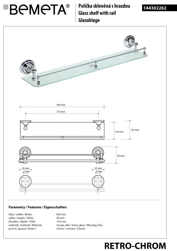 Bemeta Design RETRO chrom: Polička, 600 mm, s hrazdou, sklo -