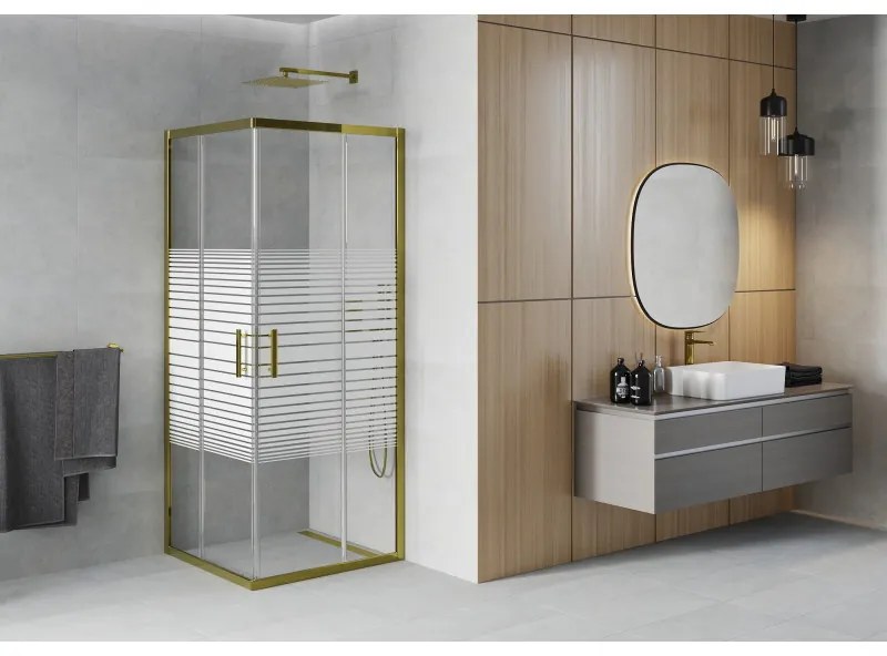 Mexen Rio, čtvercový sprchový kout s posuvnými dveřmi 80 (dveře) x 80 (dveře) x 190 cm, 5mm čiré sklo s pásky, zlatý profil, 860-080-080-50-20