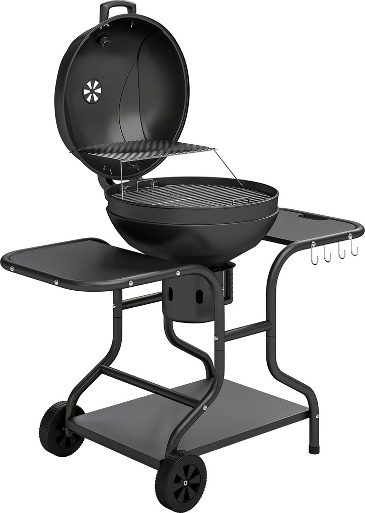 Outsunny Gril na dřevěné uhlí BBQ Udírna s postranními stolky Víko Teploměr Kolečka 129 x 63,5 x 106,5 cm