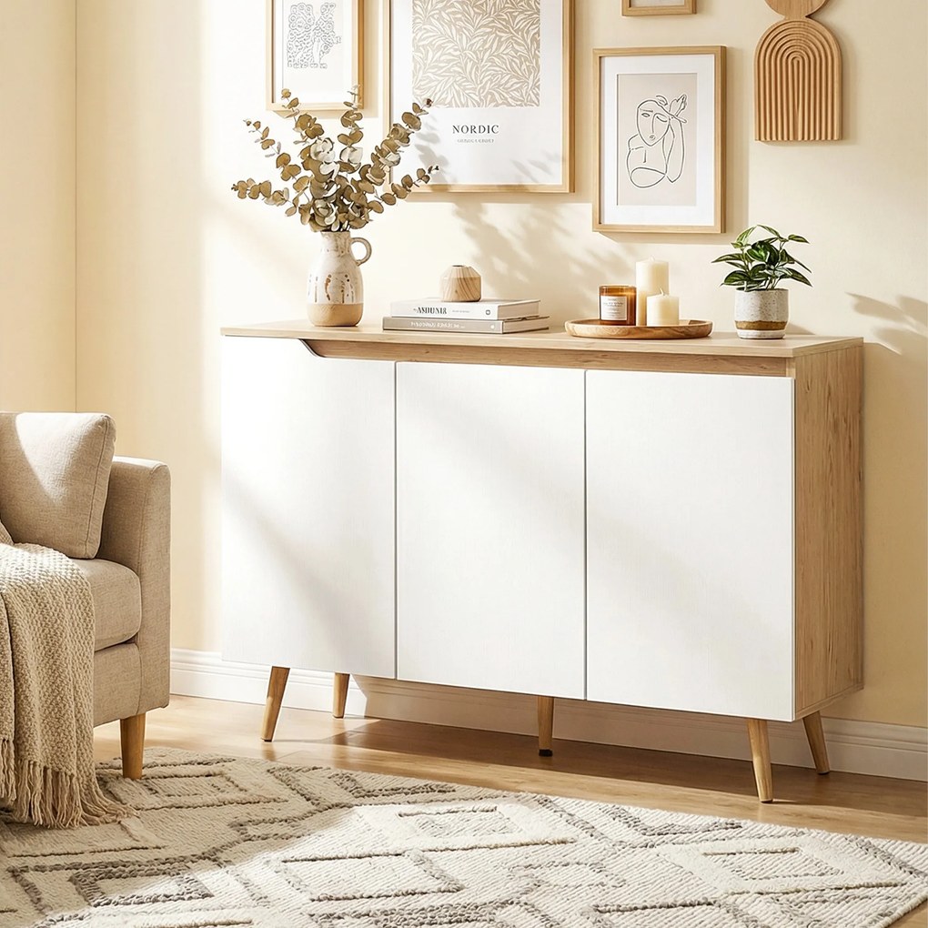HOMCOM Komoda s 3 dvířky, 2 nastavitelnými policemi, 5 nohami z hevea, rustikální dub/bílá, 107 × 35 × 76,5 cm