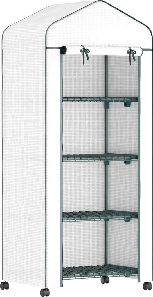 Skleník Outsunny s kolečky a policemi, zimní odolný skleník z ocelové fólie, skleník na balkon, do zahrady, skleník na rajčata 69 x 50 x 165 cm, sklen