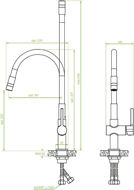 Laveo Alita, stojánková dřezová baterie s elastickým ramenem, 2-funkční výtok, černá matná, LAV-BVA_B62D