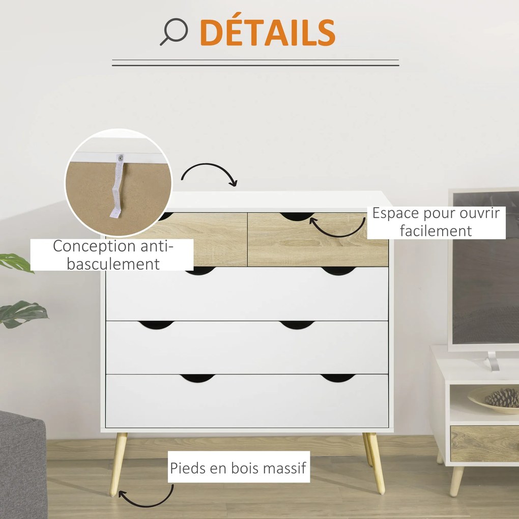 HOMCOM Skandinávský Design 5-Šuplíková Komoda Z Obalových Desek 99 x 39 x 101 cm Bílá Světle Dubová | Aosom