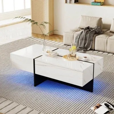 Aosom Konferenční stolek z lesklého imitačního mramoru s LED aplikací Ovladač 3 zásuvky 100cm pro obývák Černobílý