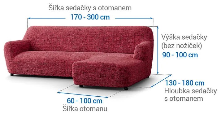 Bielastické potahy VITTORIA bordó sedačka s otomanem vpravo (š. 170 -300 cm)