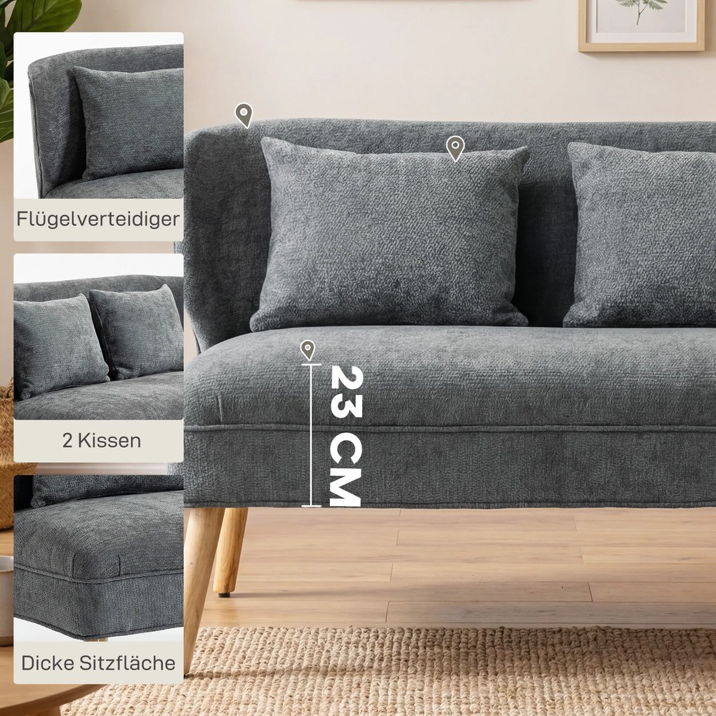HOMCOM 2místná kompaktní křídlová pohovka s 2 polštáři, 117 cm silně polstrovaná dvousedací pohovka z čalouněné chenille, dřevěné nohy, šedá