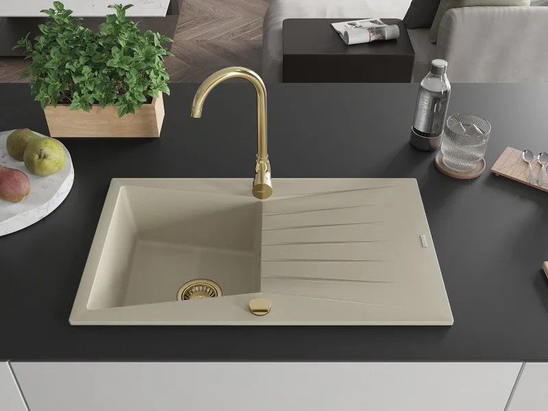 Mexen Cesar, granitový dřez 775x470x190 mm, 1-komorový, béžová se zlatým sifonem, 6514771010-69-G