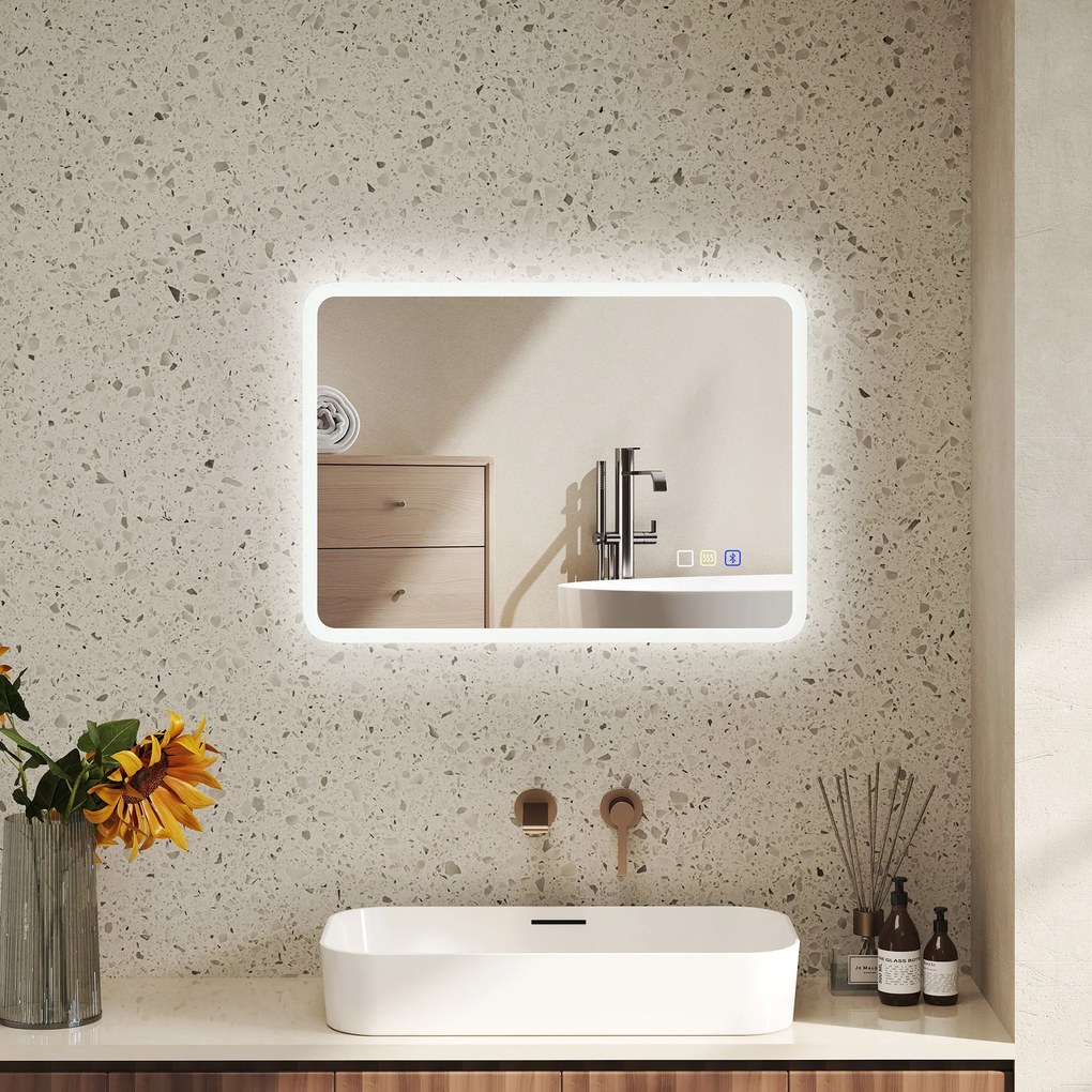 HOMCOM koupelnové zrcadlo LED Bluetooth 50 x 70 cm, dotykový spínač, nastavitelné světlo 3 barvy, proti zamlžení, paměť, stříbrné