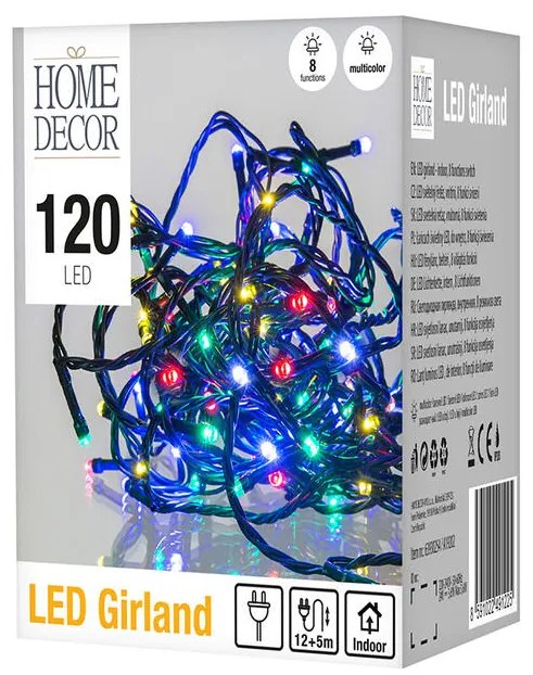 Světelný řetěz barevný, 8 funkcí 120 LED, 12 + 5 m