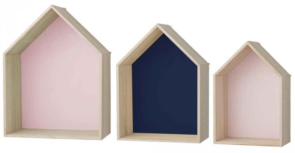 Bloomingville Nástěnná polička Rose & Navy House Velikost M, růžová barva, modrá barva, hnědá barva, dřevo