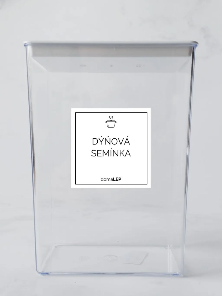 DÝŇOVÁ SEMÍNKA – bílá samolepka na dózu, základní písmo, 5 x 5 cm | DomaLEP