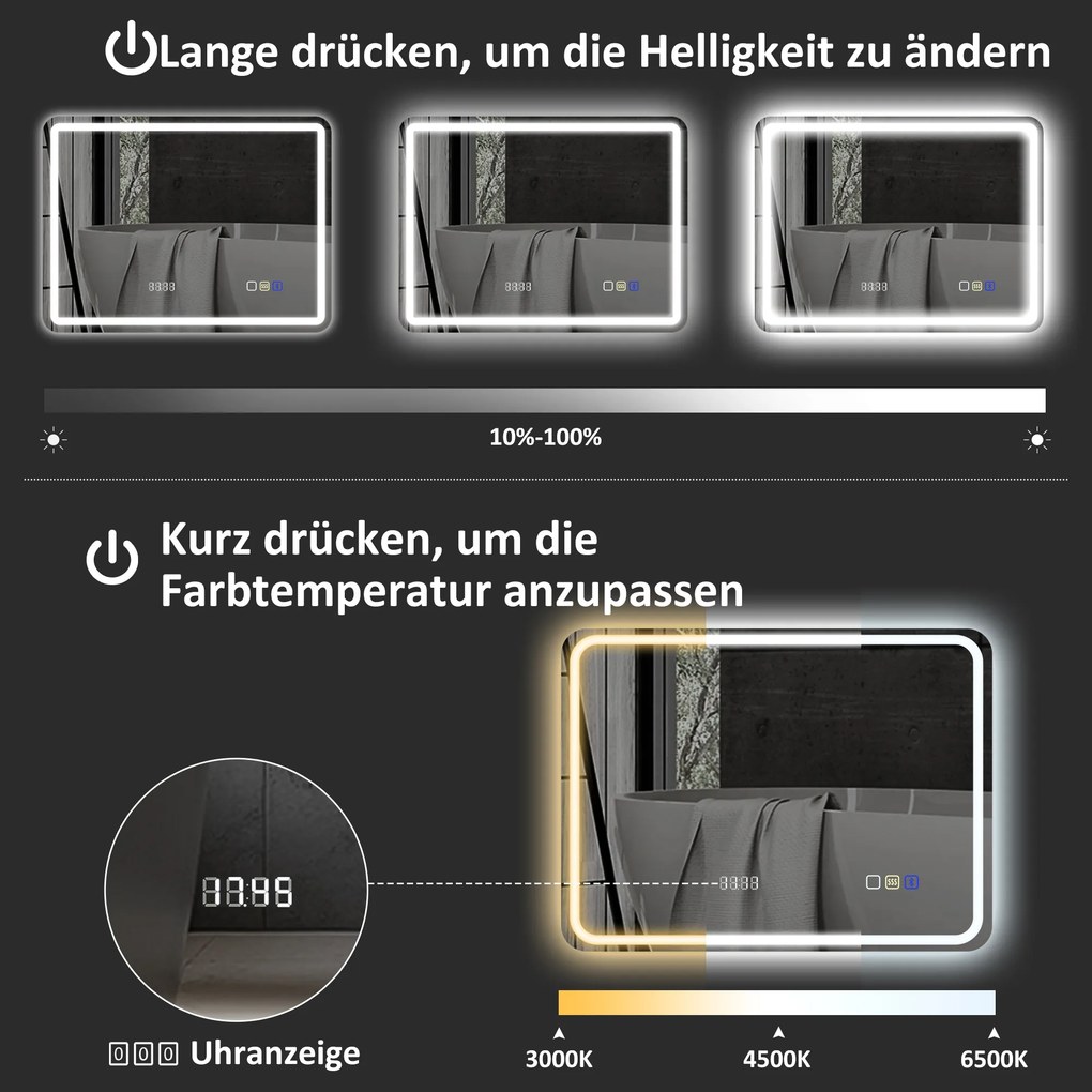HOMCOM Koupelnové zrcadlo s LED osvětlením, protimlžnou podložkou, 3 nastavitelné barvy, hodiny, 700 x 900 mm, stříbrná barva