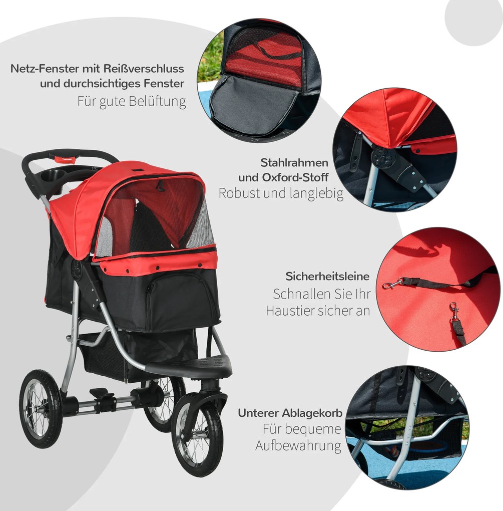 PawHut Kočárek pro psy Dog Buggy Cat Buggy Pet Stroller skládací se 3 koly pro psy a kočky Oxford Red Black 109,5 x 54,5 x 106,5 cm |