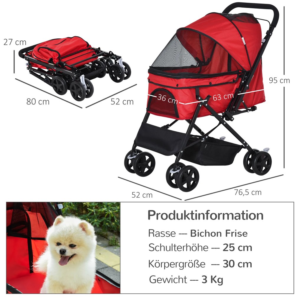 PawHut Kočárek pro psy Oxford Red 76,5x52x95cm Malí psi a kočky