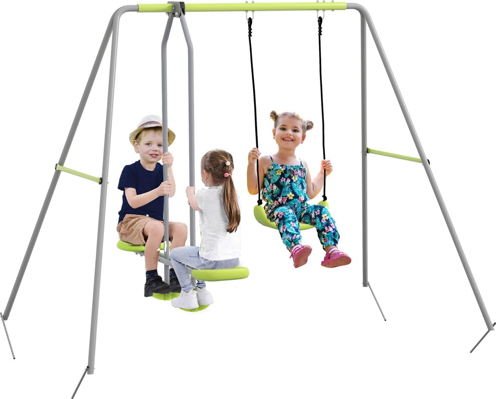 Zahradní houpačka Outsunny pro děti s 1 jednoduchou houpačkou, 1 klouzačkou a anti-UV ochranou, nosnost 135 kg, 255x160x180 cm, šedá a zelená | Aosom