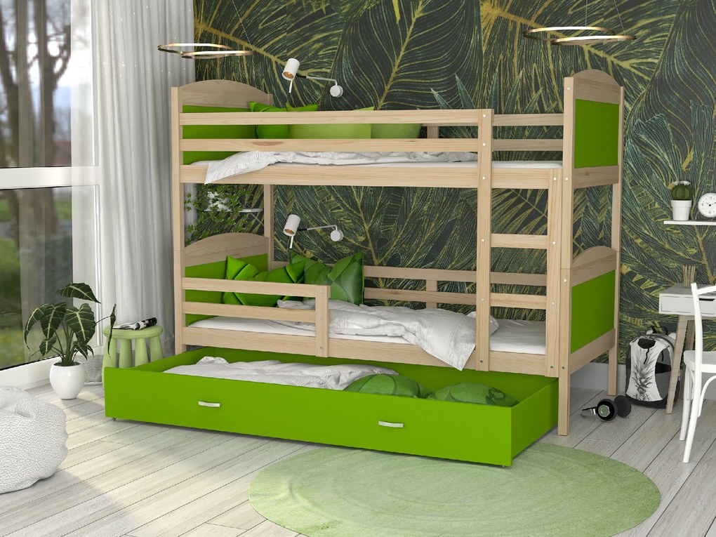 BabyBeds Dětská patrová postel s úložným prostorem MATYÁŠ borovice Velikost postele: 200x90 cm, Barva šuplíku: Růžová