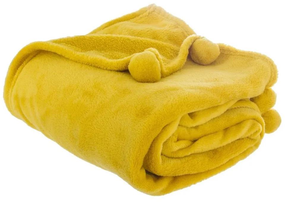 Teplá deka, přikrývka, deka s polyesteru, deka s pompony, 150 x 125 cm -  žlutá barva | BIANO