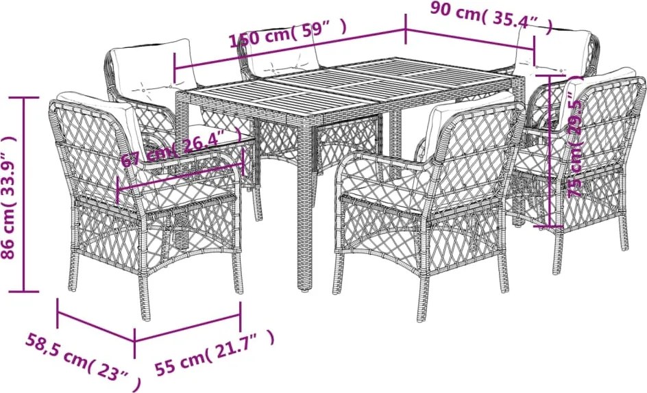 7dílný zahradní jídelní set s poduškami černý polyratan 3212039