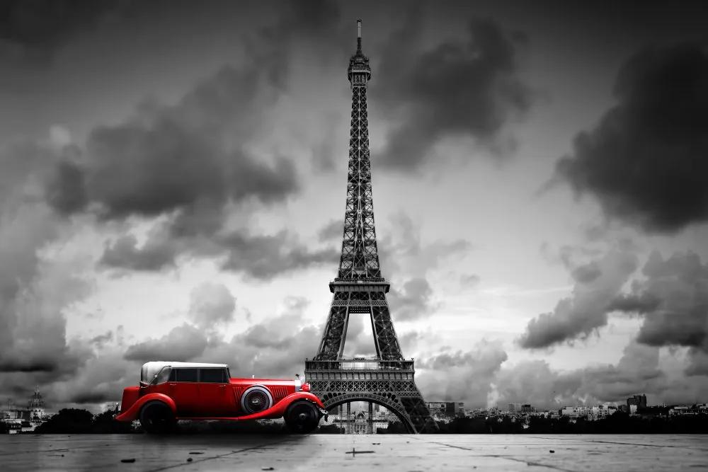 Vícedílný obraz Černobílý Pohled Na Eiffelovu Věž A Retro Auto Nedostatek Nedostatek Plátno Canvas 150x100