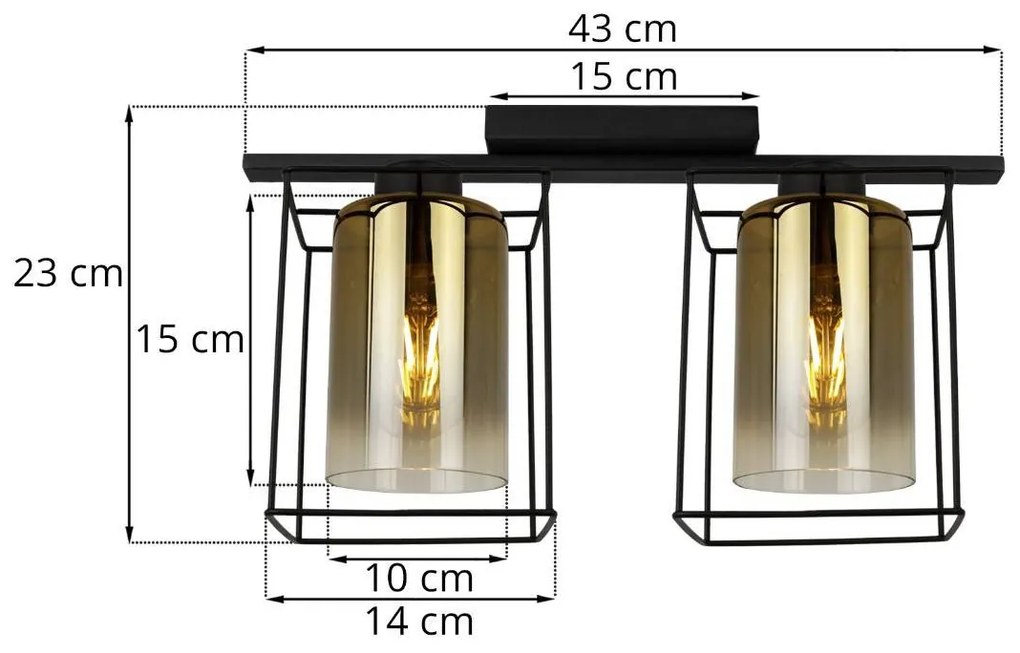 Stropní svítidlo Hella Cage, 2x zlaté skleněné stínítko v kovovém rámu