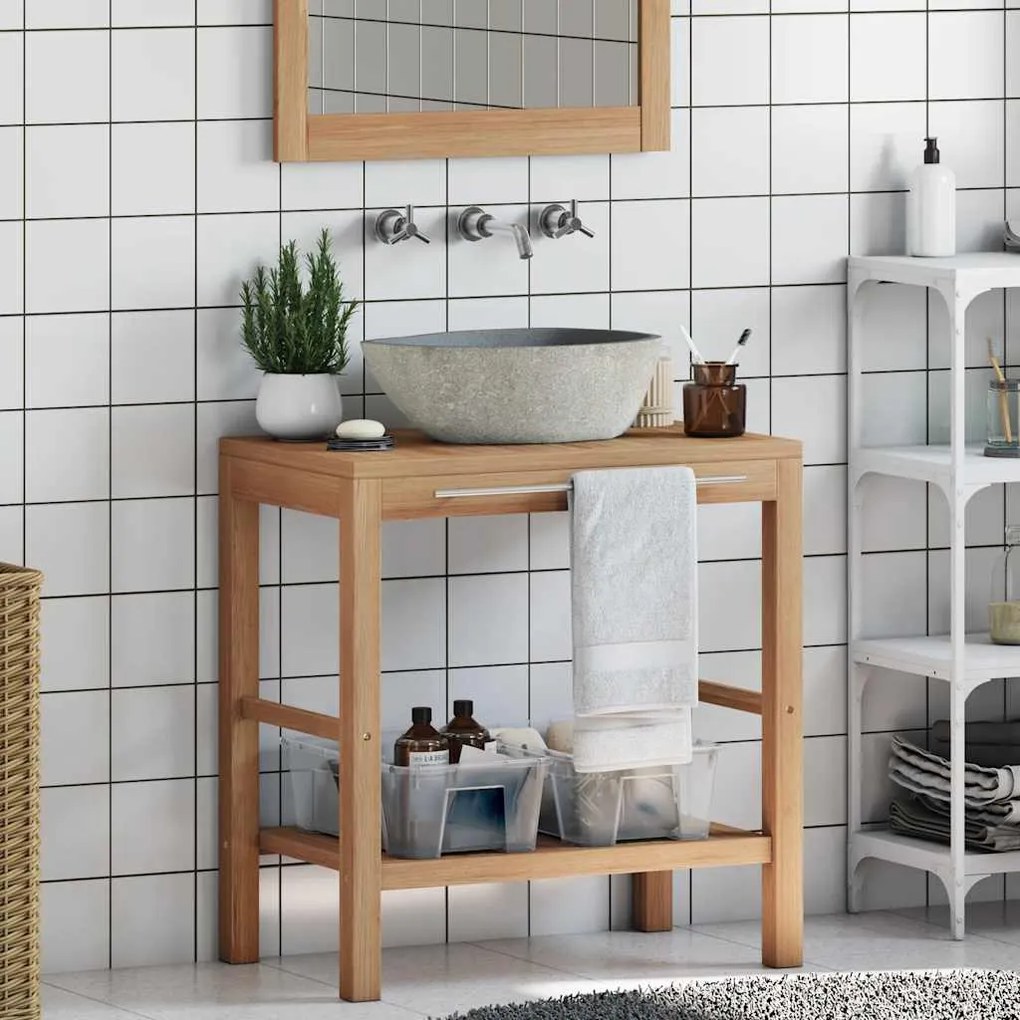 Koupelnová skříňka ze dřeva teak a umyvadlo z říčního kamene 246496