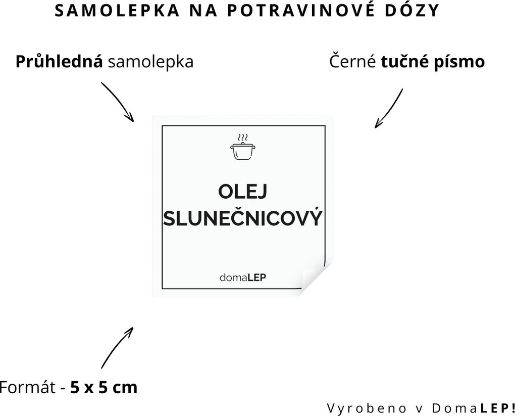 OLEJ SLUNEČNICOVÝ - omyvatelná samolepka na dózu, výběr rozměrů Ø 5 cm / 5 x 5 cm / 6 x 8 cm | DomaLEP tvar: OBDÉLNÍK, barva: PRŮHLEDNÁ - ČERNÉ písmo, velikost: š. 6 cm x v. 8 cm - tučné písmo
