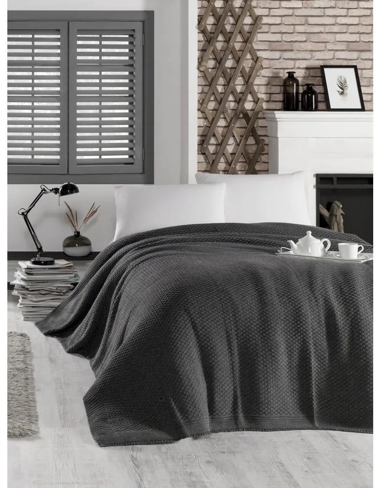 Tmavě šedý přehoz přes postel s příměsí bavlny Homemania Decor Silvi, 220 x 240 cm