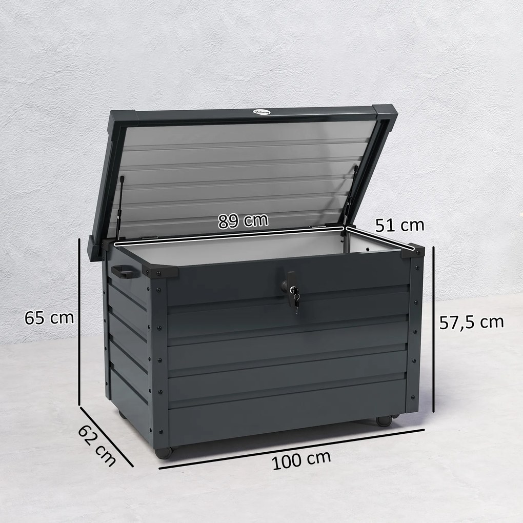 Zahradní box Outsunny, úložný box na kolečkách, úložný box se zámkem, rukojeť, zahradní truhla na balkon, terasu 100 x 62 x 65 cm, tmavě šedý