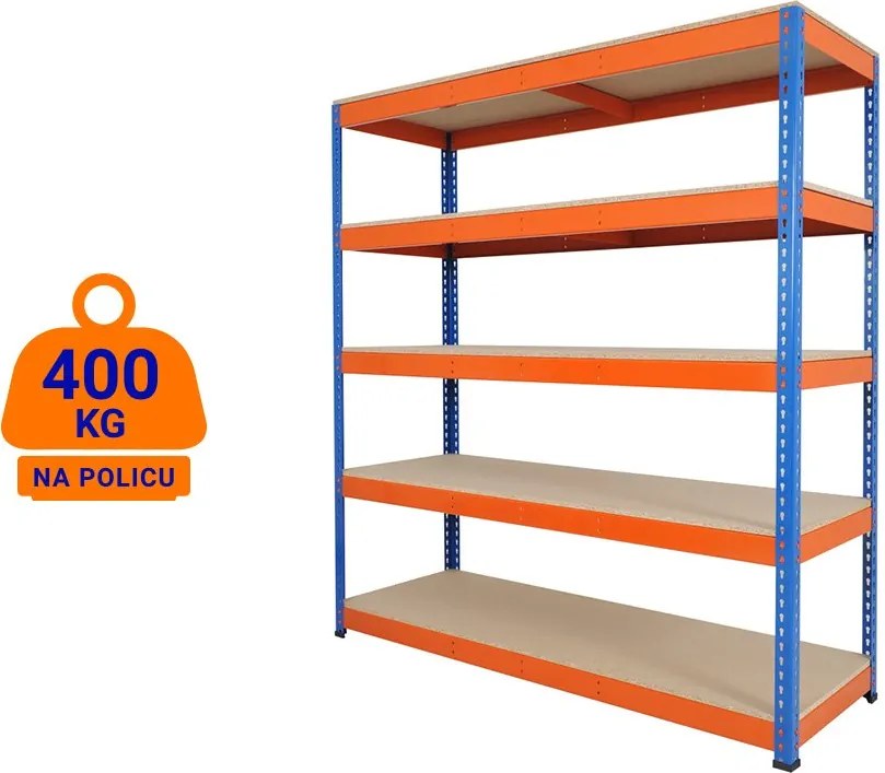 Fistar Regál 250x180x70 cm PROFESIONÁLNÍ lakovaný 5-policový, nosnost 2000 kg - MODRO-ORANŽOVÝ