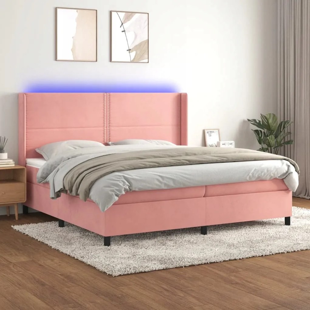 Box Spring Postel S Matrací A Led Samet Růžová Hladké s hřebíky 200 x 200