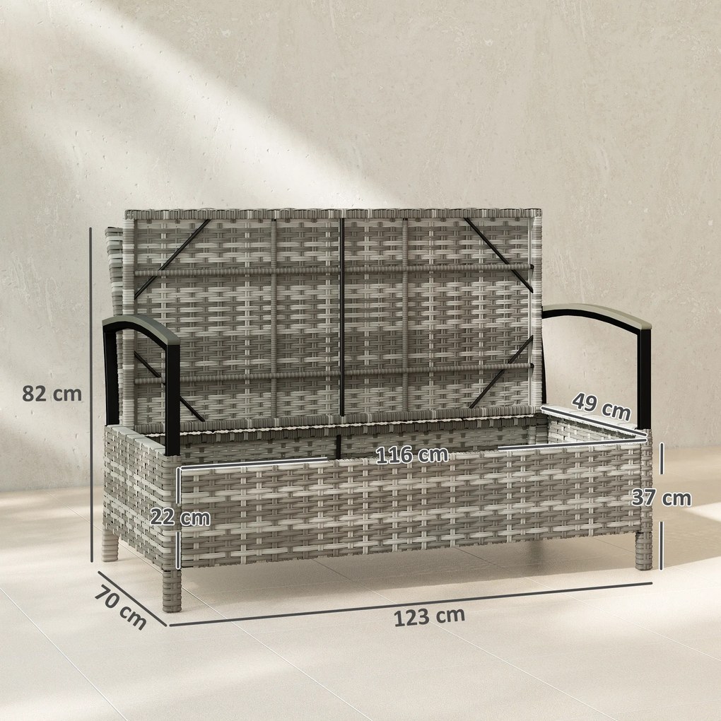 Zahradní lavice s úložným prostorem 2místná lavice s polštáři Úchyty 125L Polyratan 123 x 70 x 82 cm Tmavě šedá barva