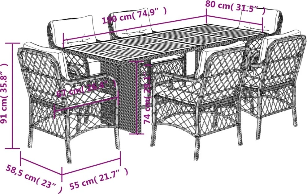 7dílný zahradní jídelní set s poduškami černý polyratan 3212070
