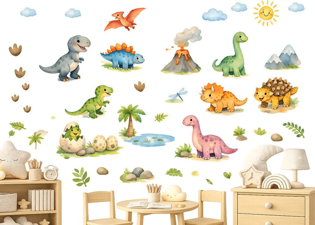 Kreslení dinosauři textilní přelepitelné samolepky na zeď arch 32 x 46 cm